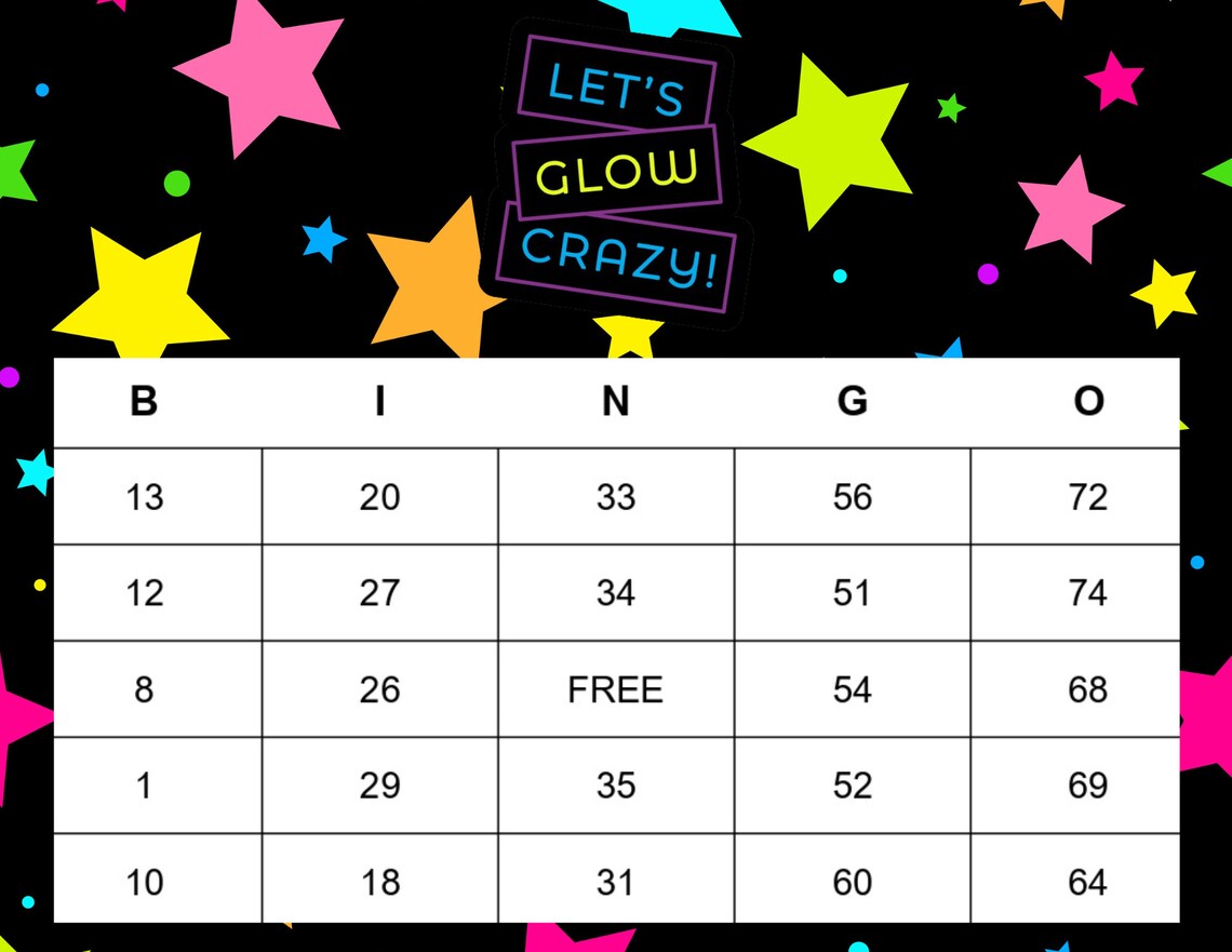 Glow in the Dark Theme Bingo Cards - Set of 20; Let's Glow Crazy!! - Etsy