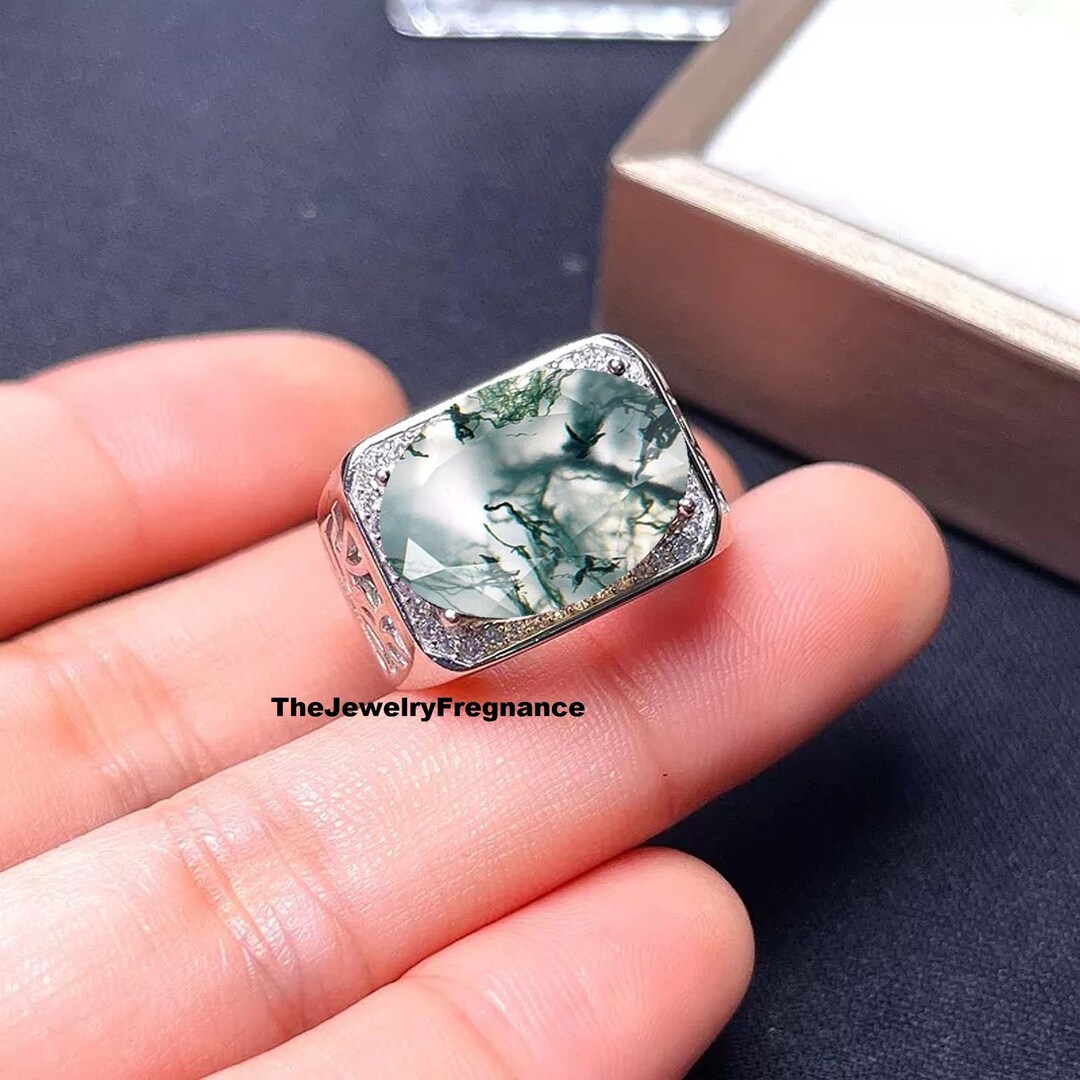 Men's Moss Agate Ring, Oval Cut Moss Agate Ring, Alternative Engagement ...