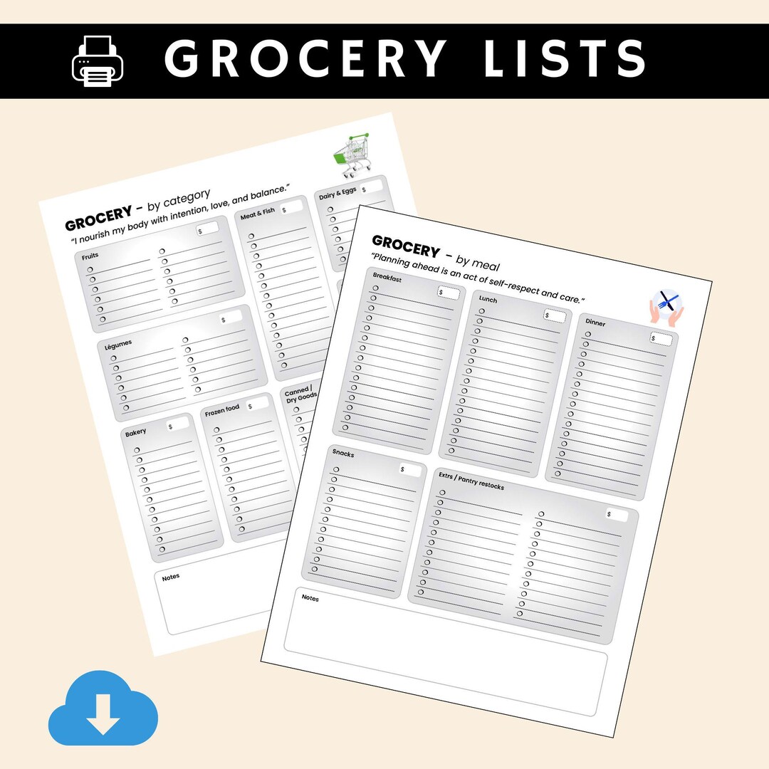 Printable Grocery List Bundle – by Category & by Meal | Budget Grocery ...