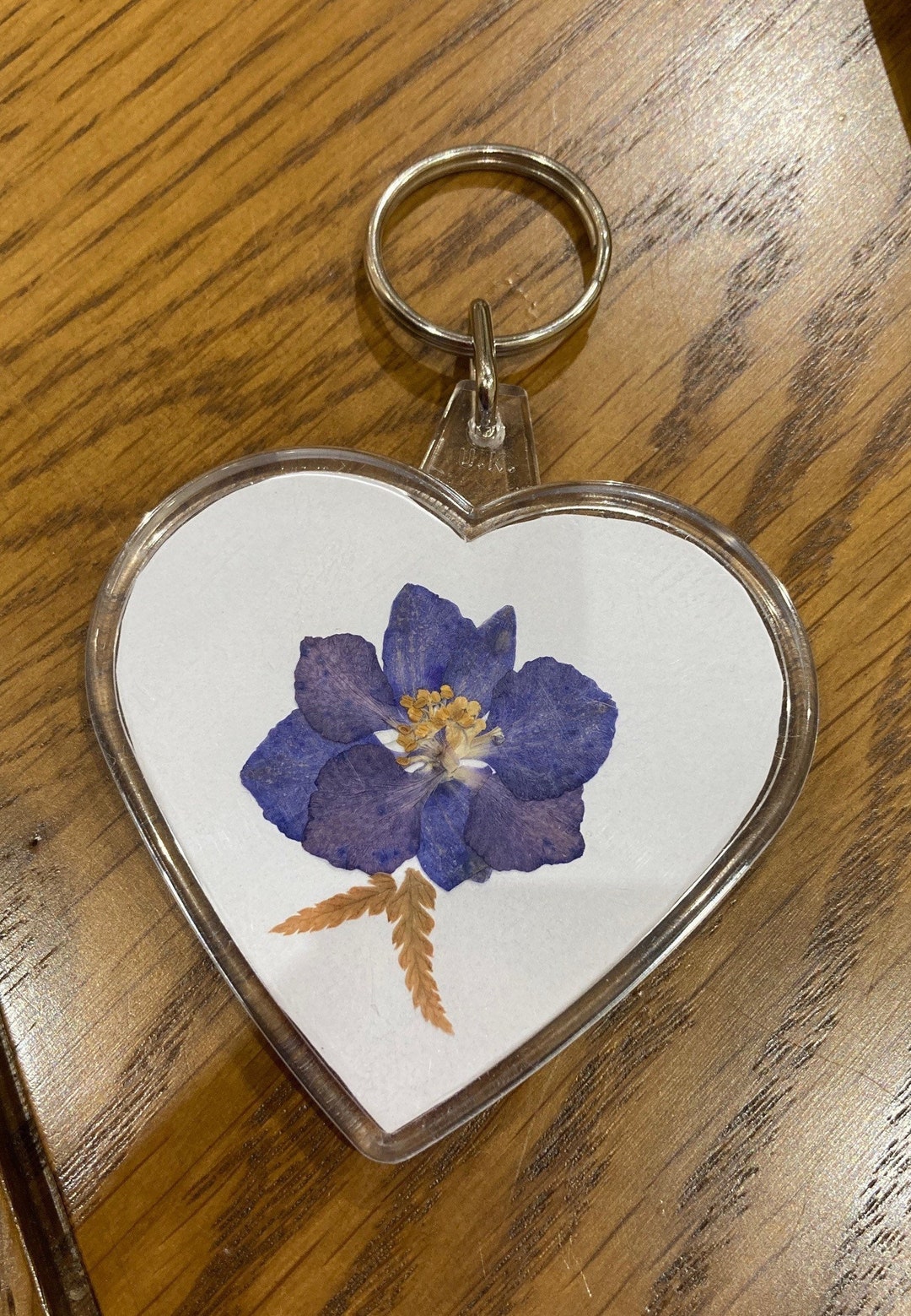 Pressed Flower Heart-shaped Keyring With Real Pressed Blue Larkspur ...