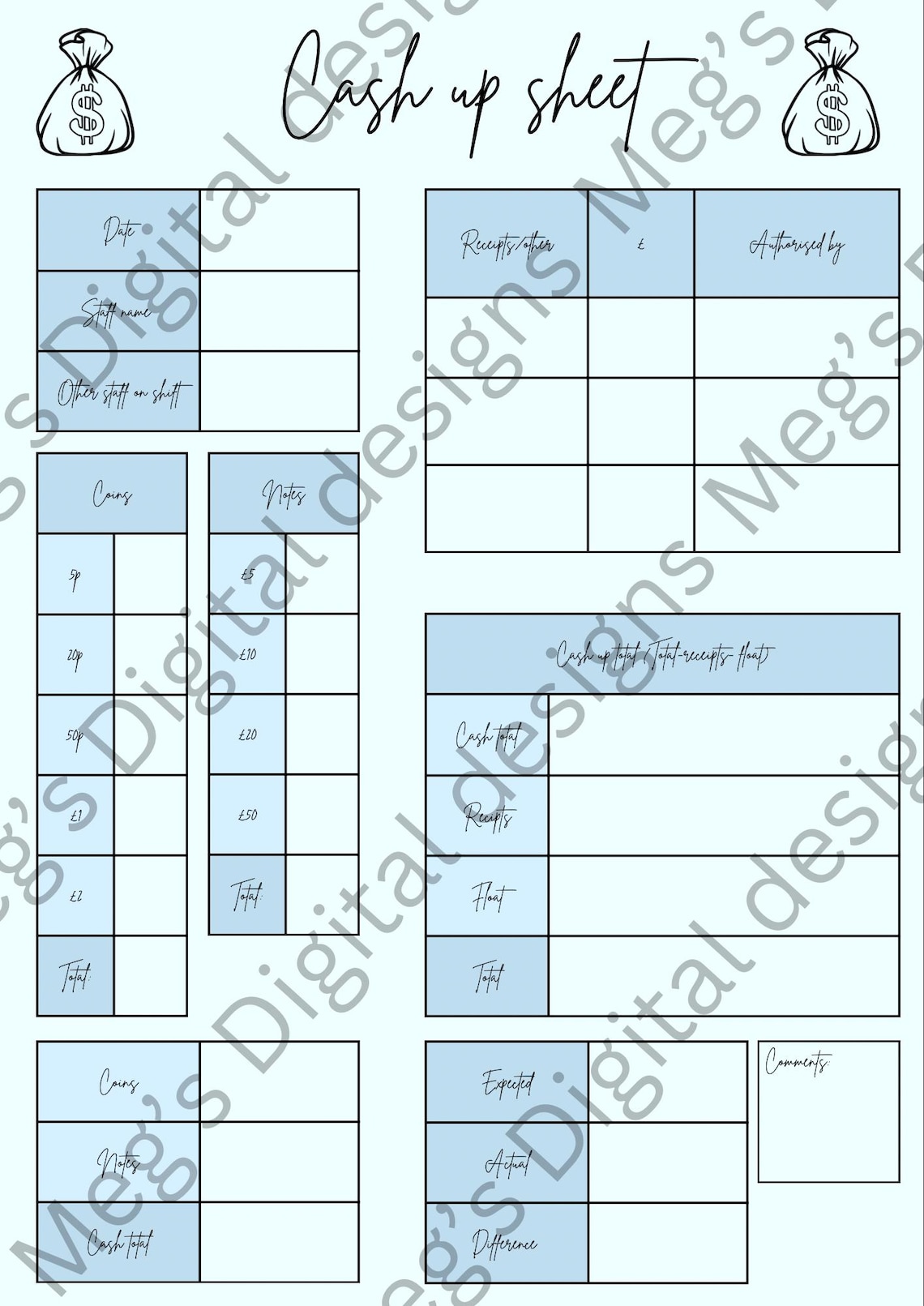 Business Cash up Sheet Editable - Etsy UK