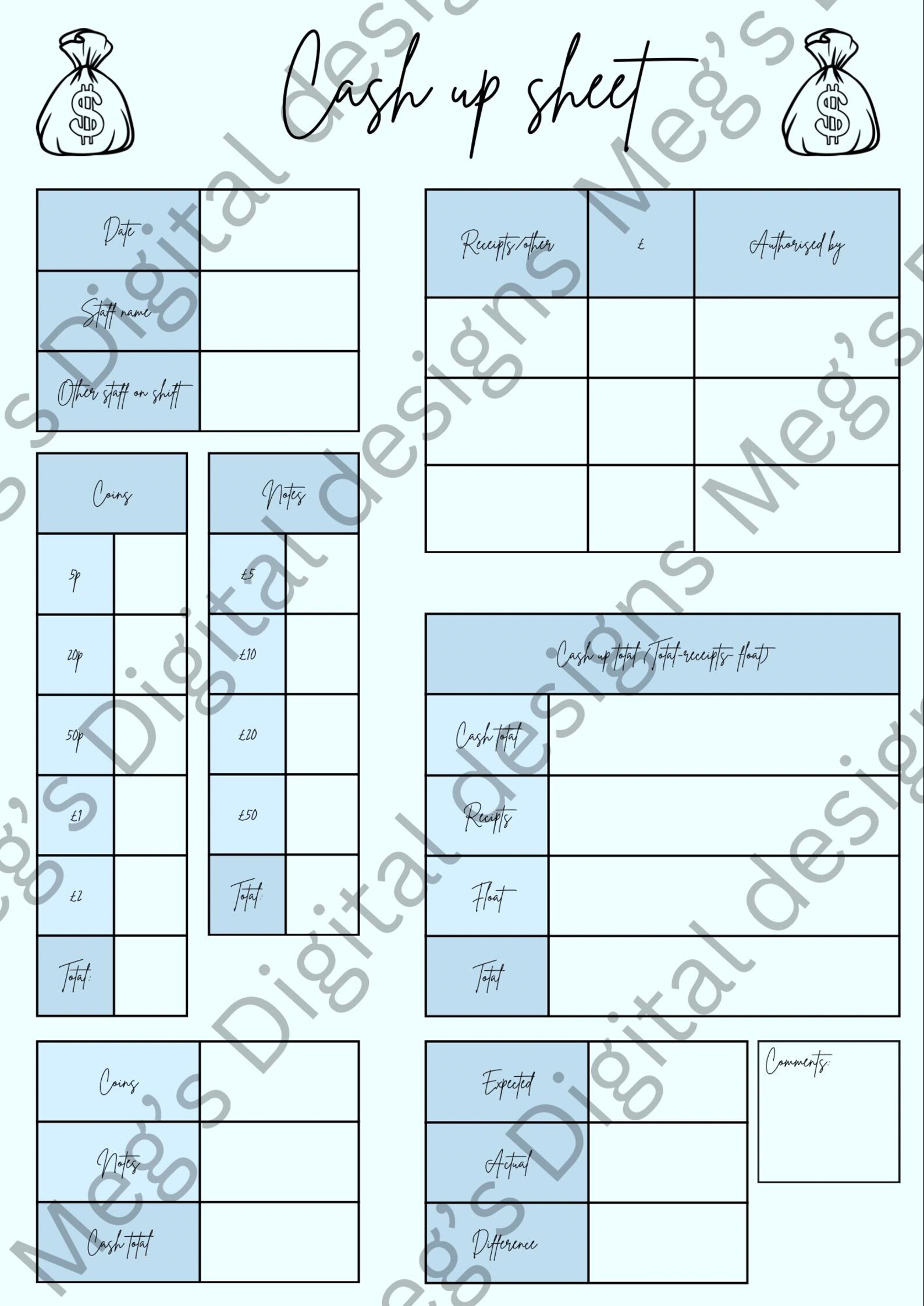 Business Cash up Sheet Editable - Etsy UK