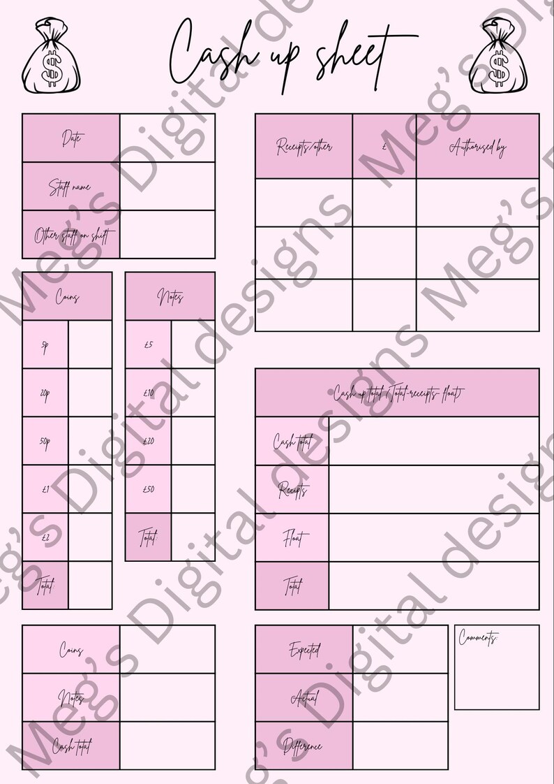 Business Cash up Sheet Editable - Etsy UK