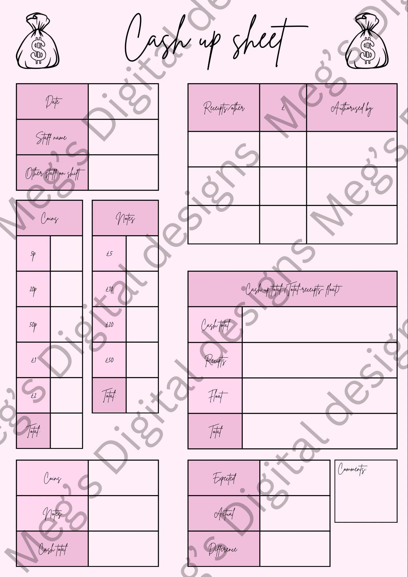 Business Cash up Sheet Editable - Etsy UK
