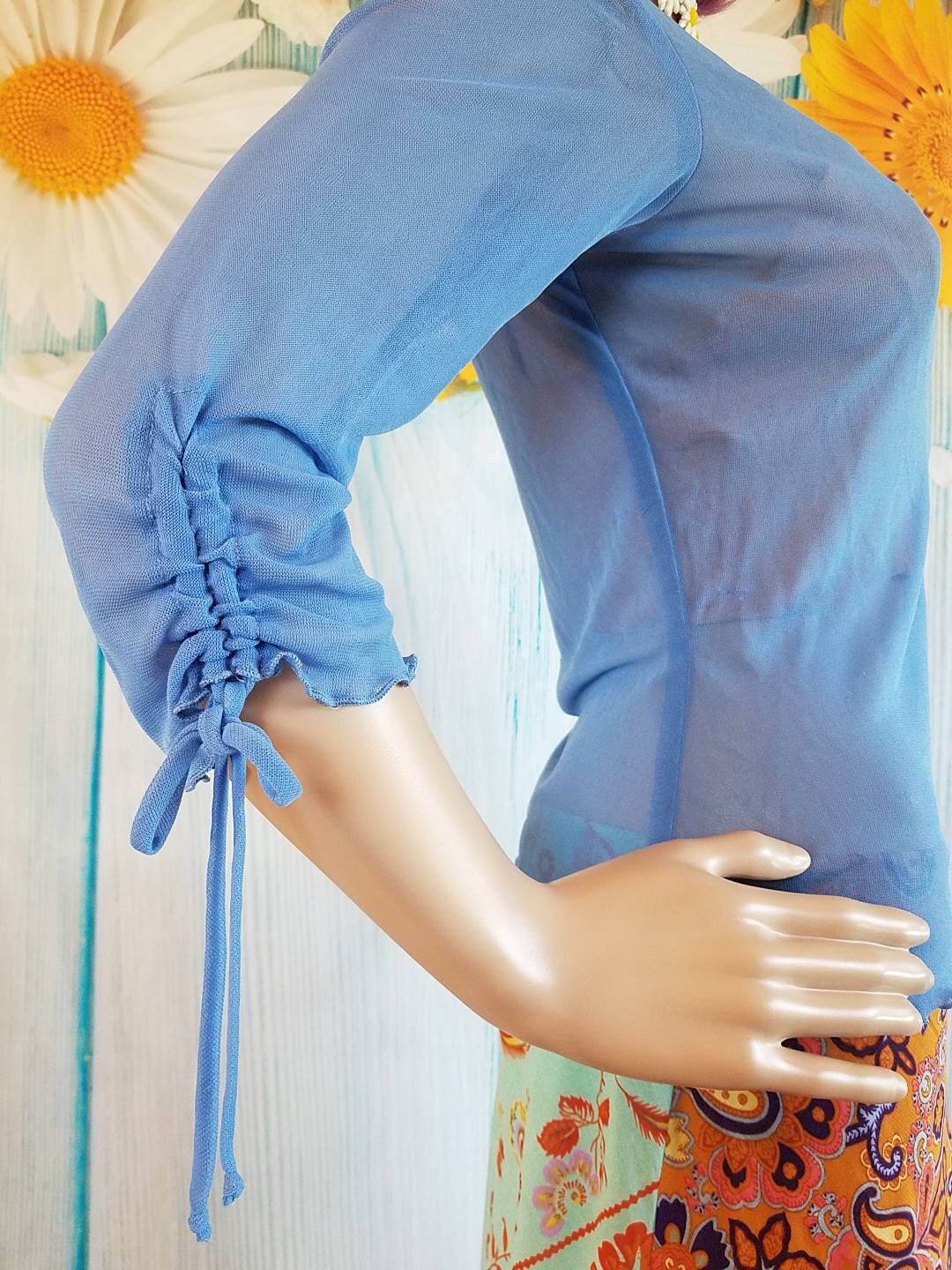 90s Sheer Stretch Top W/ Scrunched Sleeve Detail & Wavy Hem - Etsy