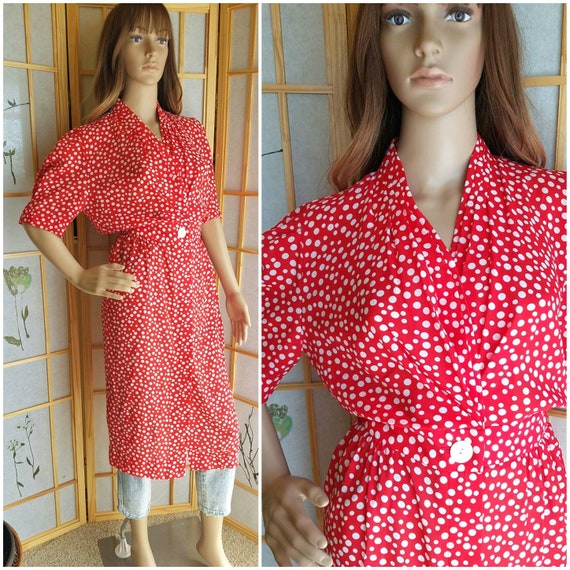 80s Red & White Spotted Dress by Leslie Fay, Cinched … - Gem