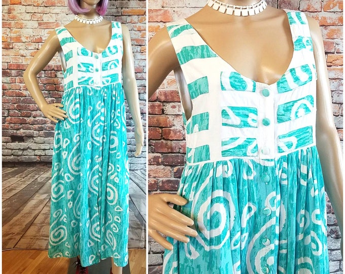 80s Flowy Swirls Blue and White Print Dress W/ Buttons and - Etsy