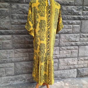 80s Yellow Snake Print Cocoon Dress W/ Batwing Sleeves & Dropwaist ...