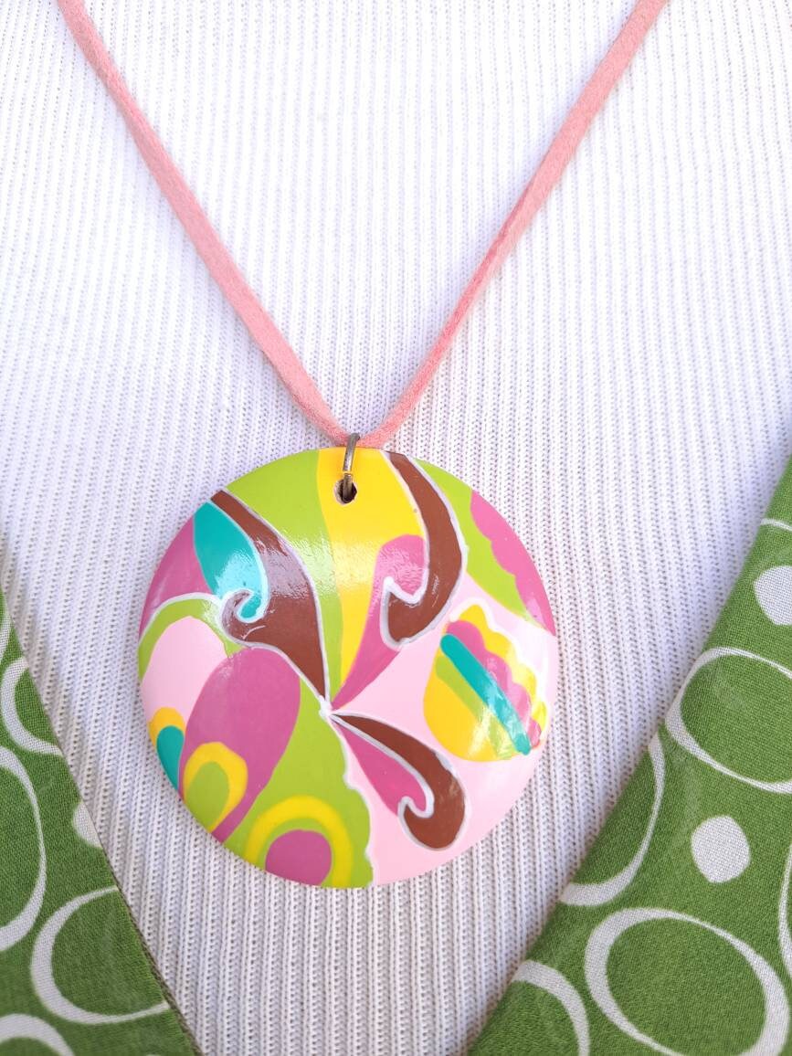Vintage Y2K Mod Psychedelic Painted Disc Pendant Necklace on - Etsy