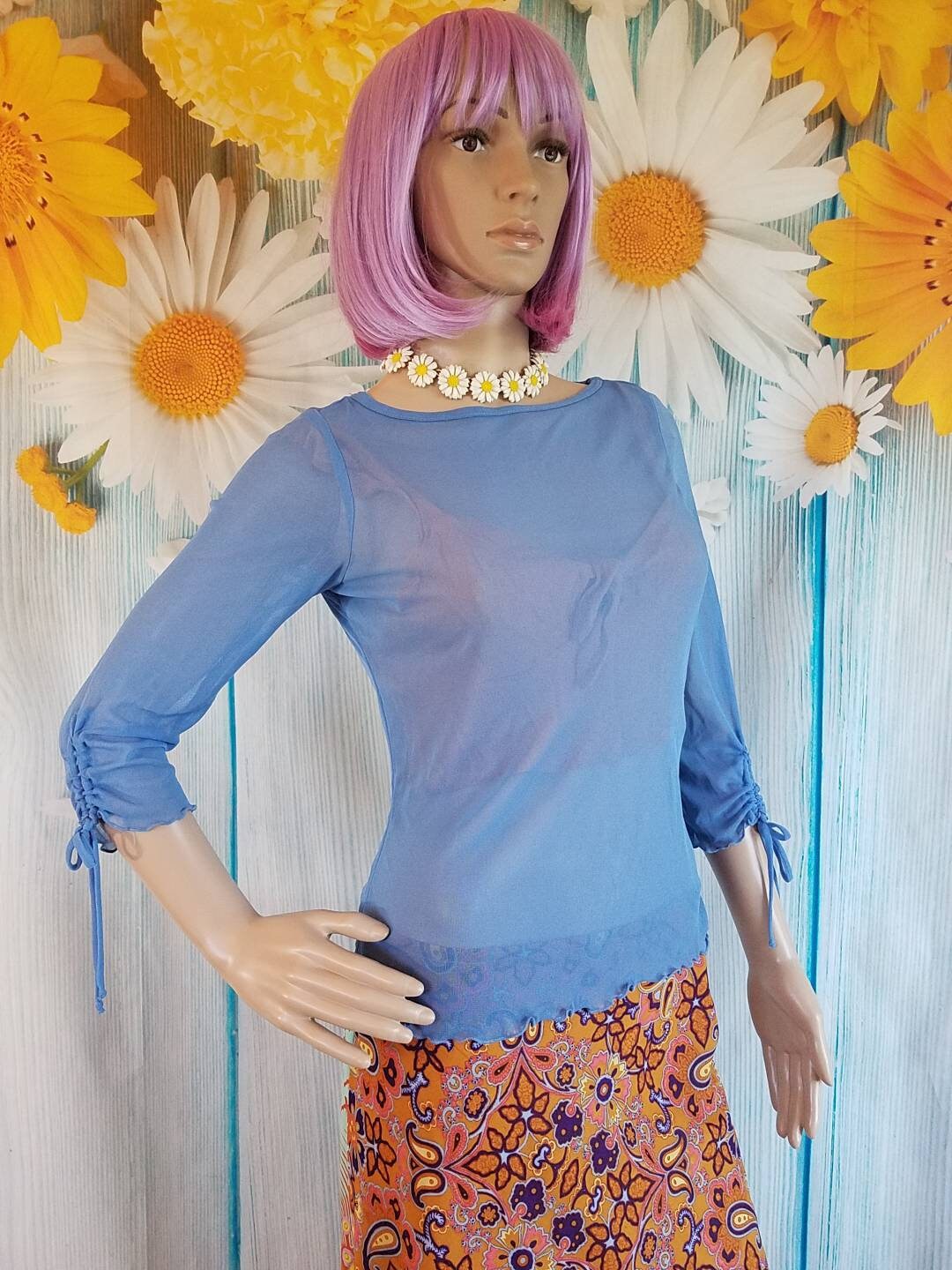 90s Sheer Stretch Top W/ Scrunched Sleeve Detail & Wavy Hem - Etsy