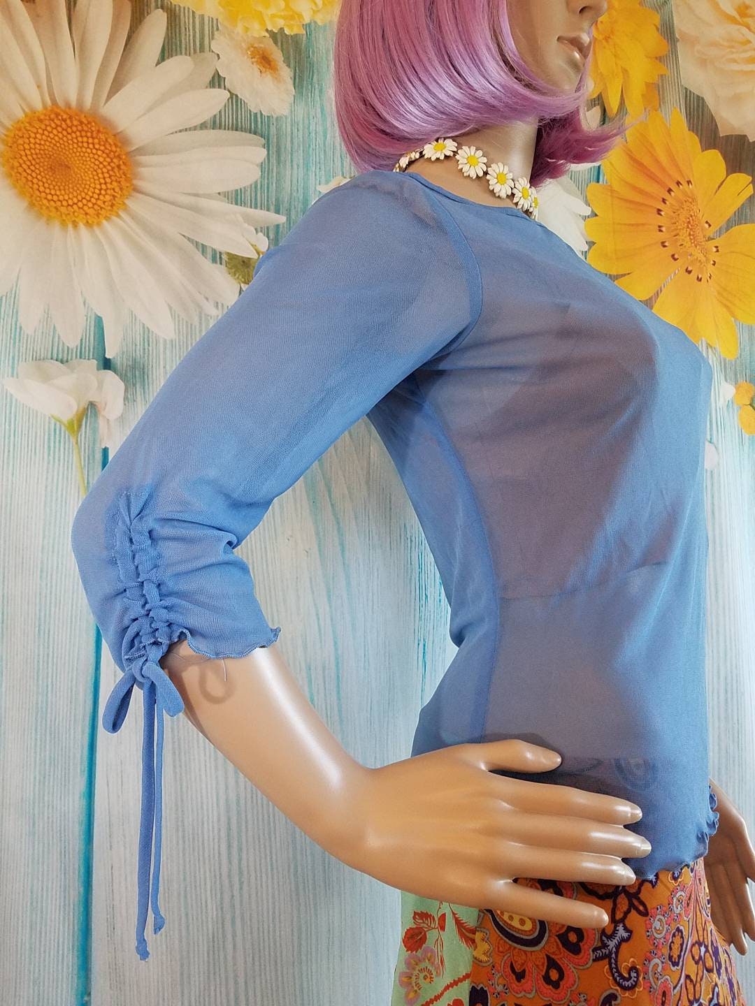 90s Sheer Stretch Top W/ Scrunched Sleeve Detail & Wavy Hem - Etsy