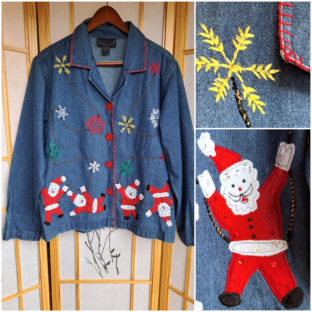 Vintage 90s Whimsical Kitschy Christmas Denim Jacket W/ Silly Santa ...