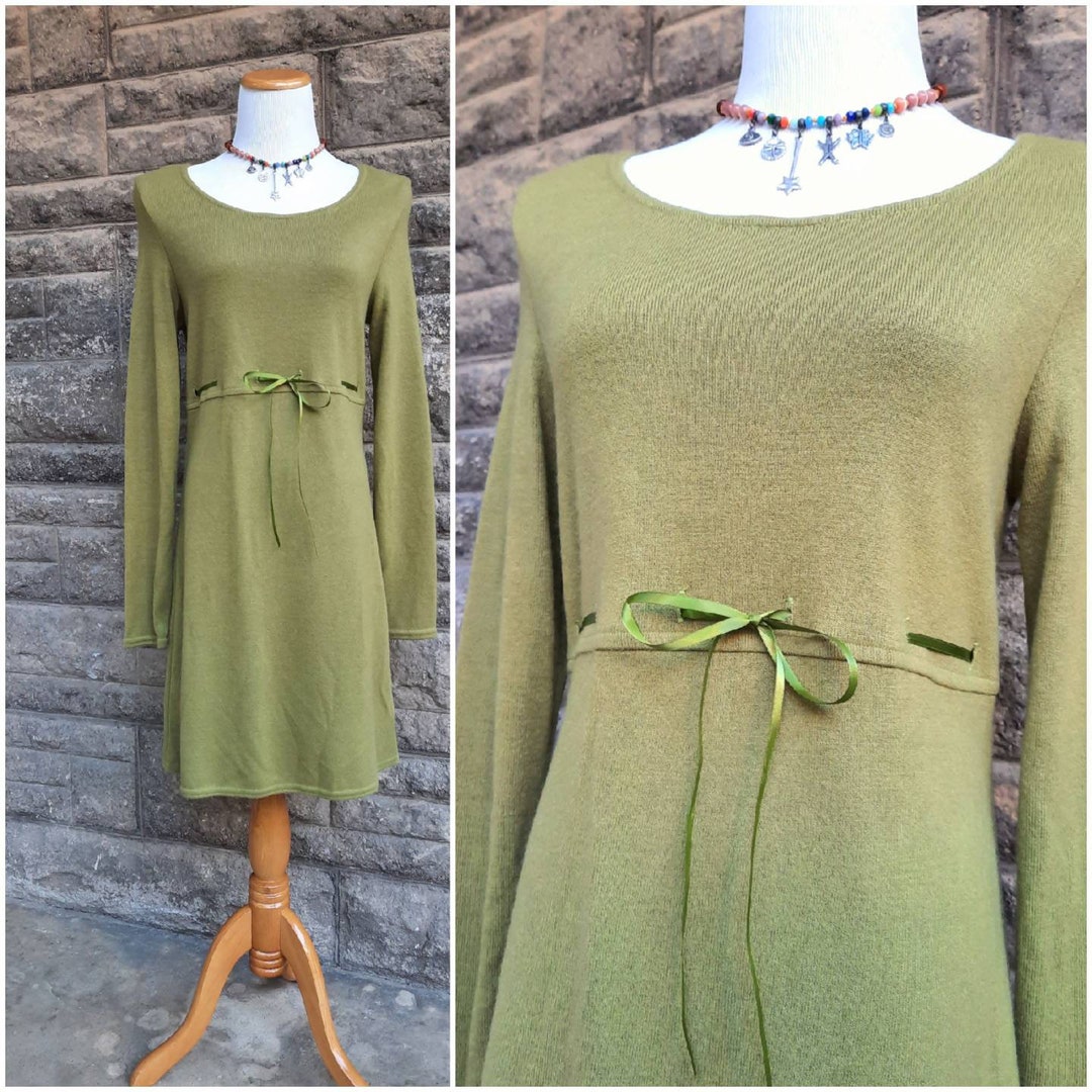 90s Avocado Green Soft Knit Dress W/ Ribbon Tie Detail, Size Medium M ...