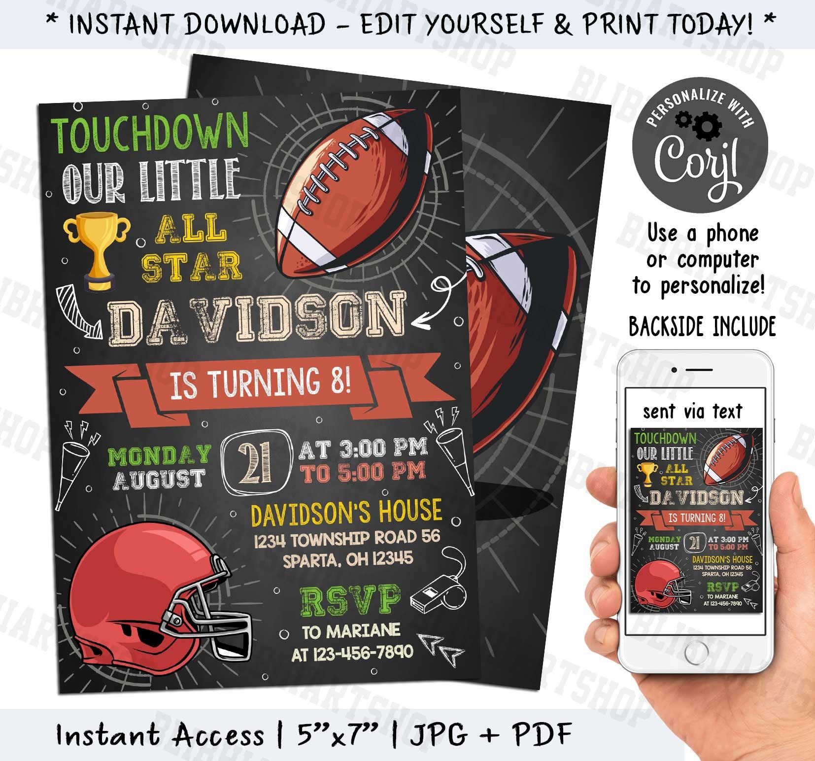 Paper & Party Supplies Little All-Star Sports Editable Touchdown ...