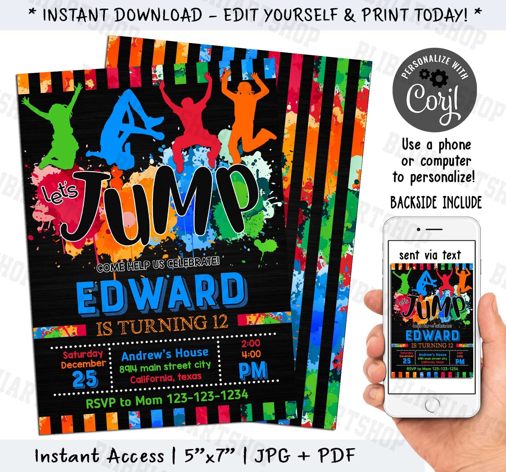 Jump Invitation Editable Jump Birthday Invitation Trampoline Etsy