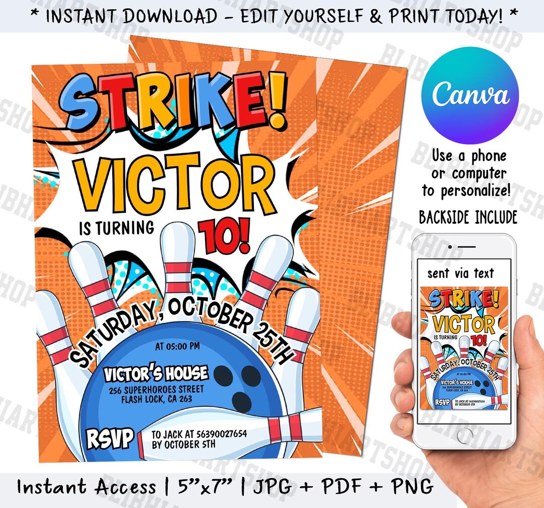 Editable Bowling Birthday Invitation, Bowling Invitation, Bowling ...