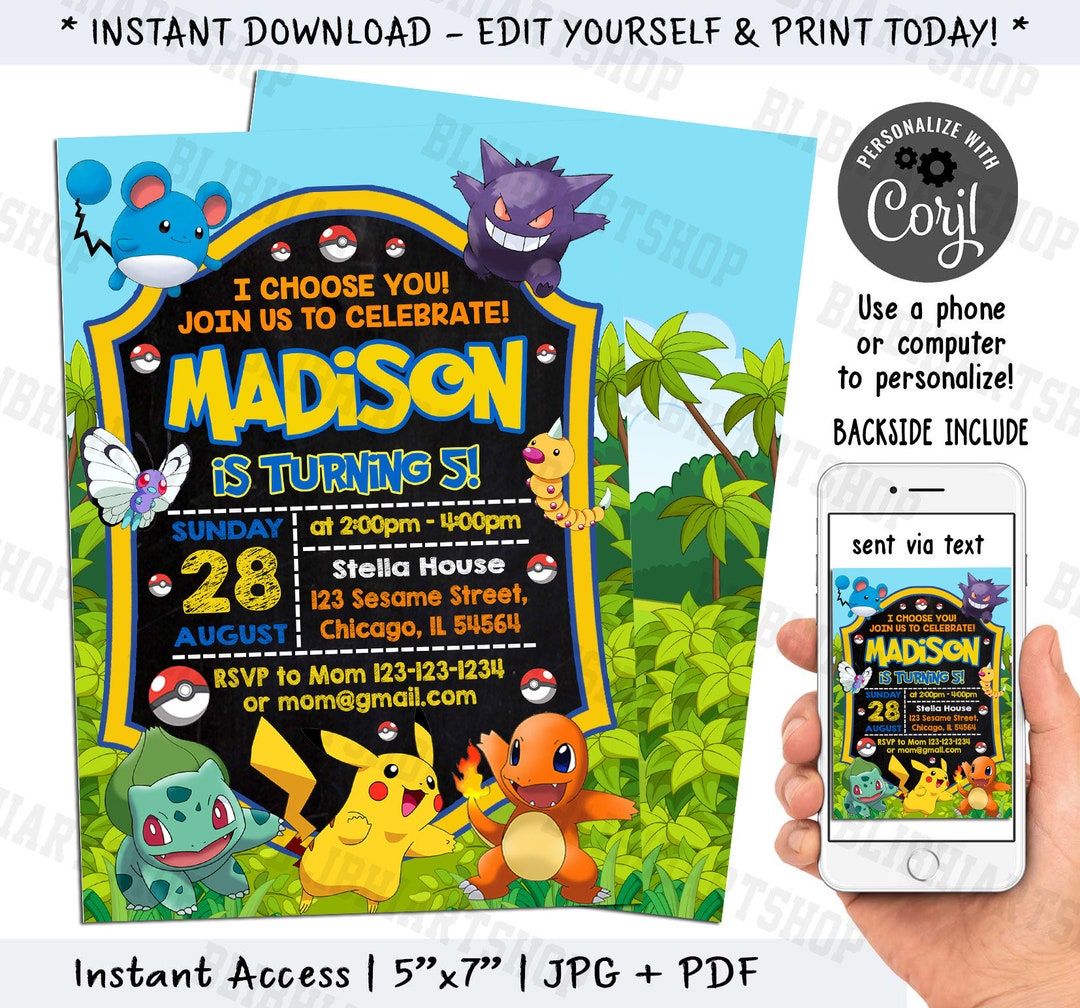 EDITABLE Pokemon Birthday Invitation Pokemon Evite Pokemon - Etsy UK