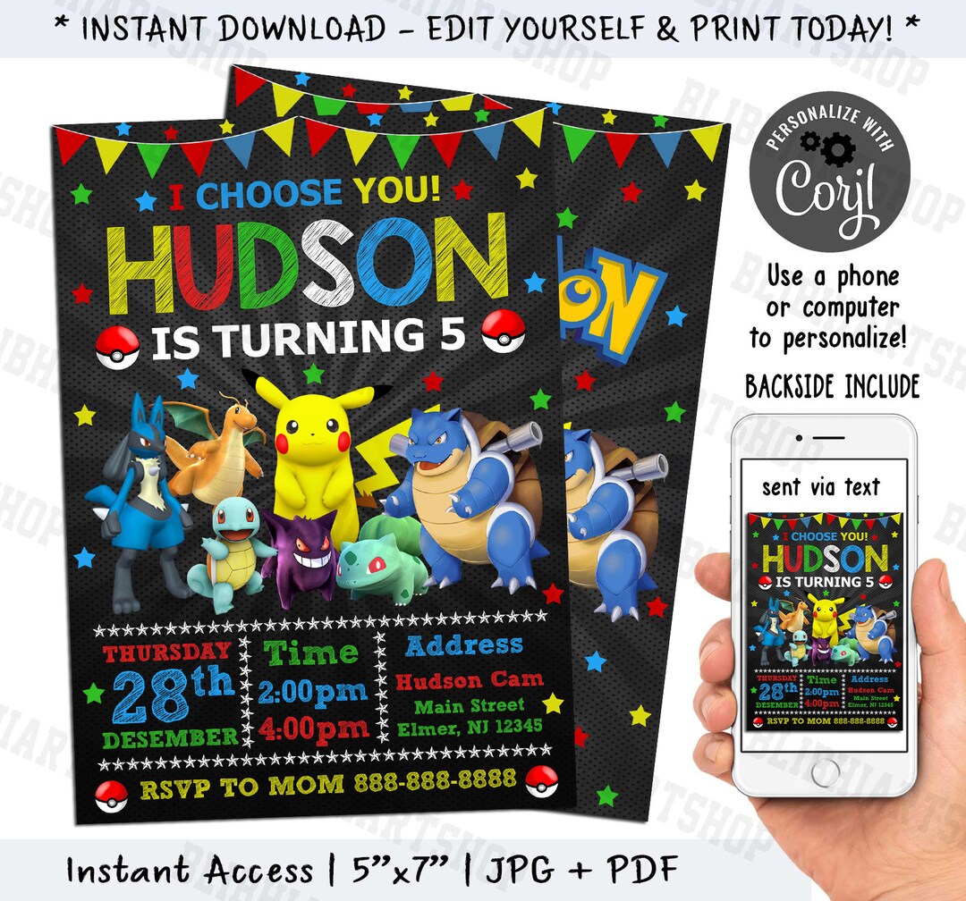EDITABLE Pokemon Birthday Invitation Pokemon Evite Pokemon - Etsy