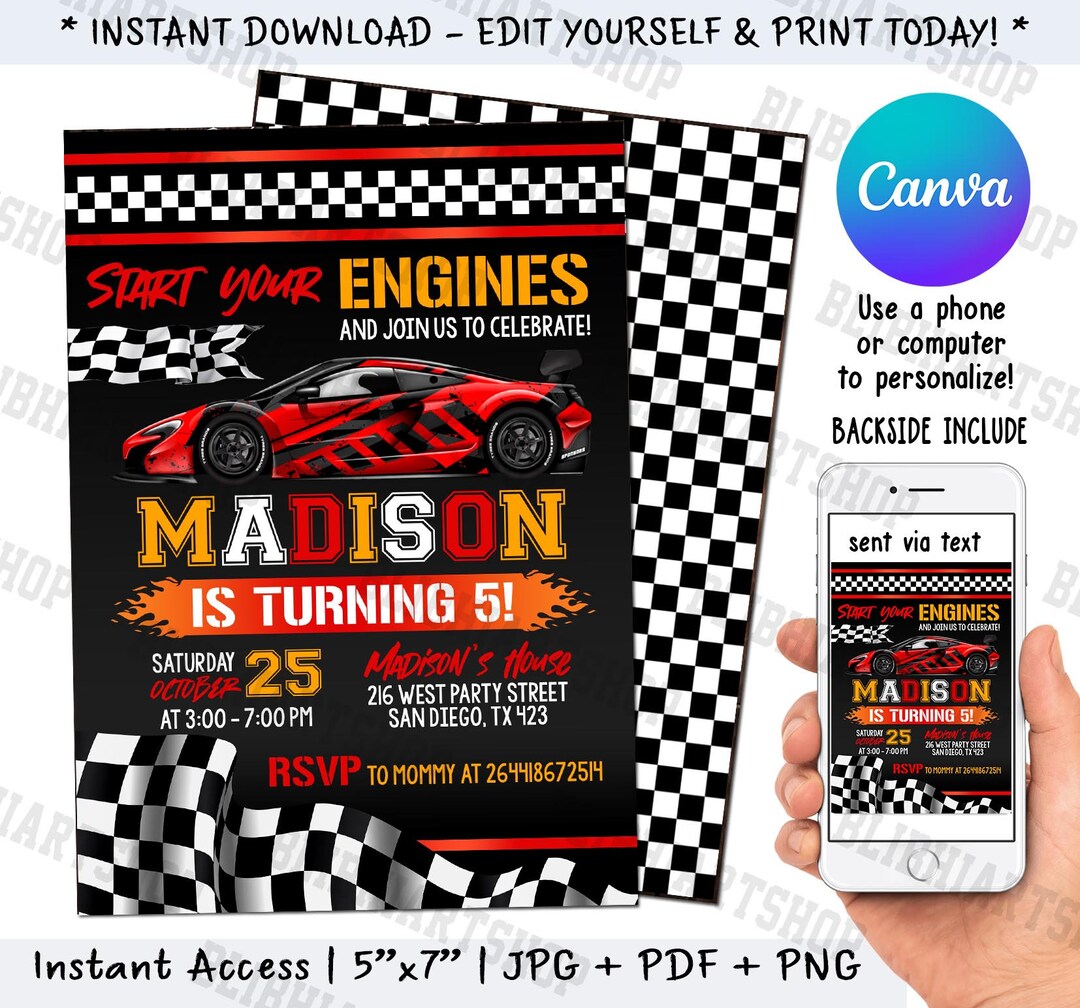 Editable Race Car Invitation Racing Car Birthday Invitation - Etsy