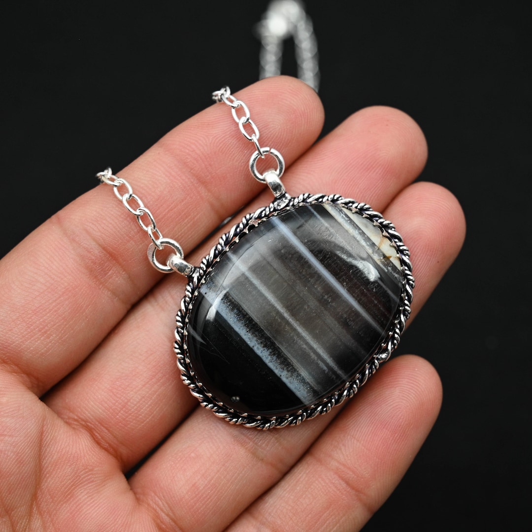 Natural Black Onyx Gemstone Necklace 925 Sterling Silver Plain Necklace ...