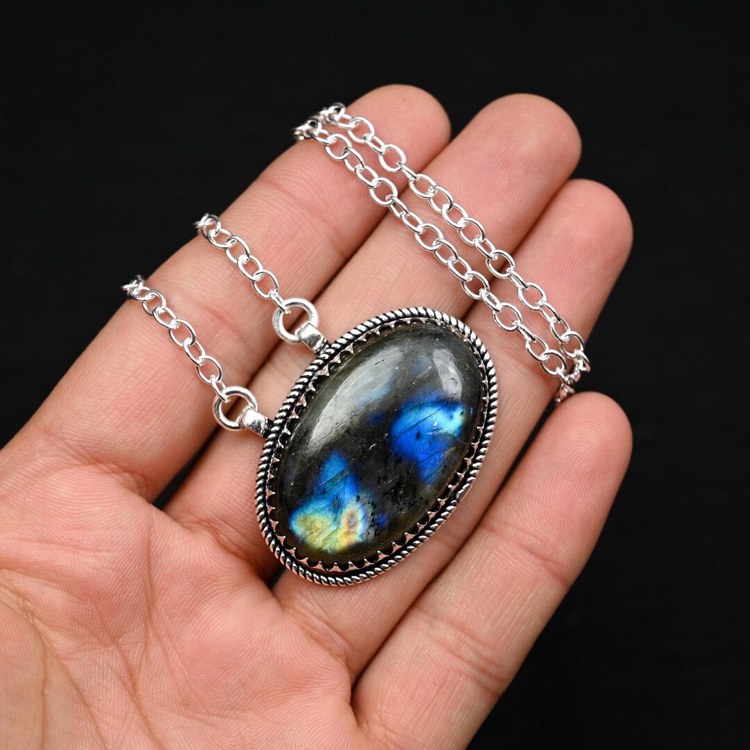 Natural Blue Labradorite Gemstone Necklace 925 Sterling Silver Plain ...
