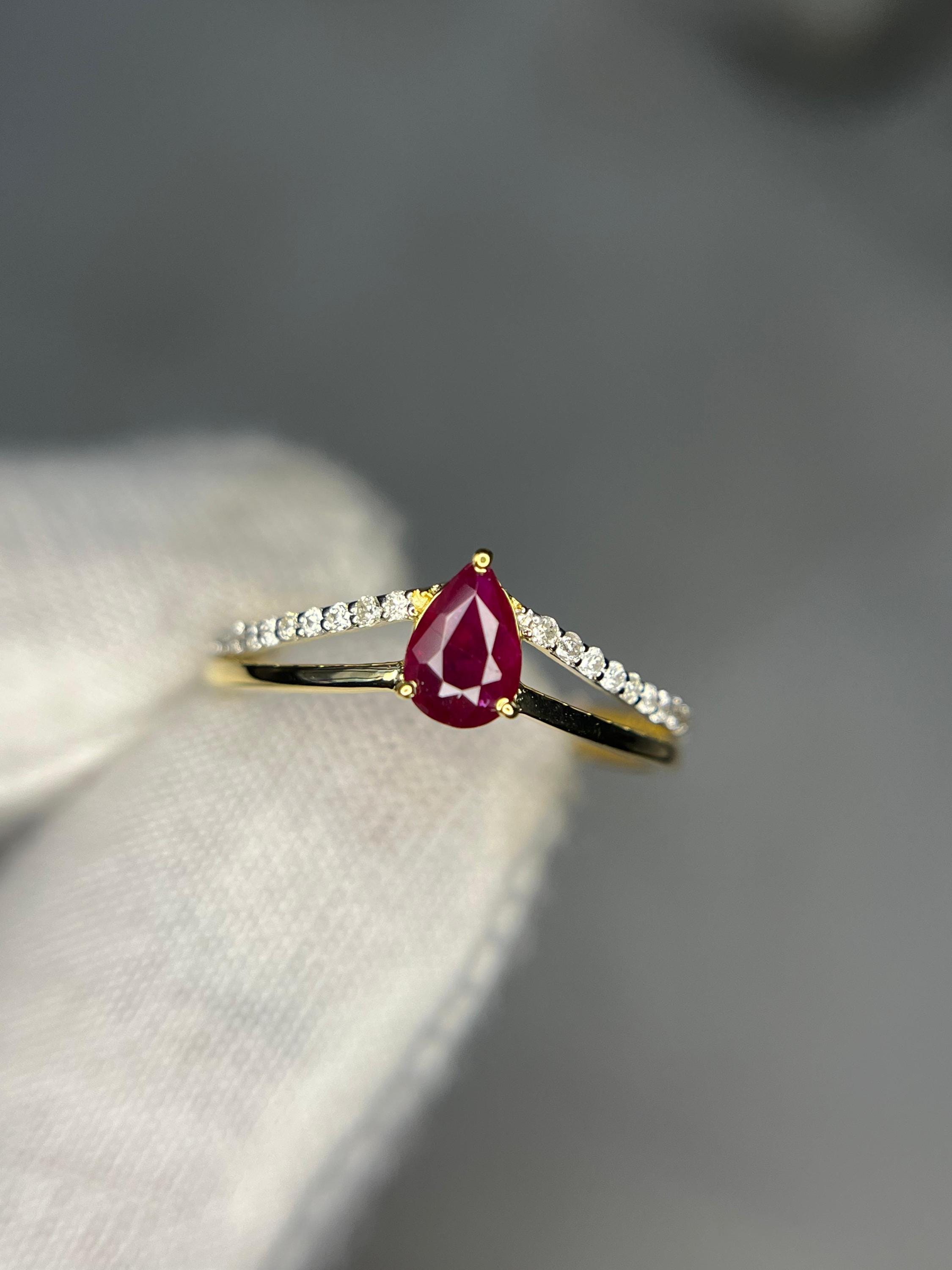 14k Gold Pear Ruby Ring: Vintage Diamond Stacking Ring - Etsy
