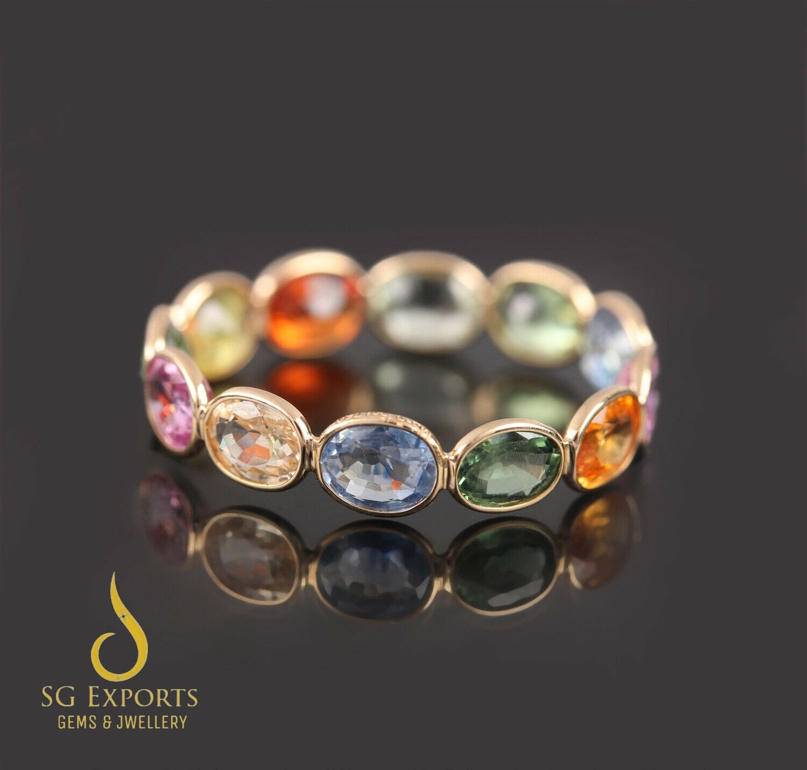 Multi Sapphire Gemstone Band Ring, 18K Gold Rainbow Sapphire Ring ...