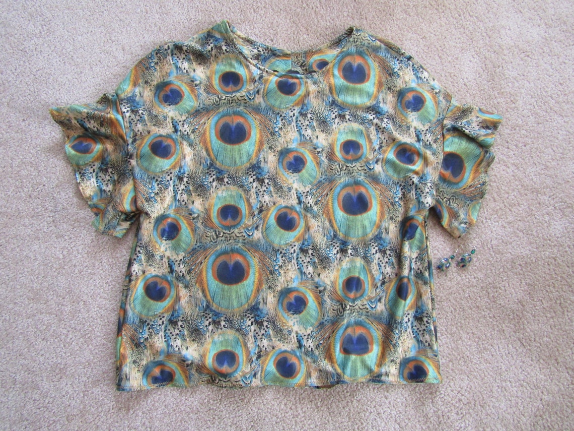 Handsewn Ladies Peacock Feather Stretch Ruffle Sleeve Top With Matching ...