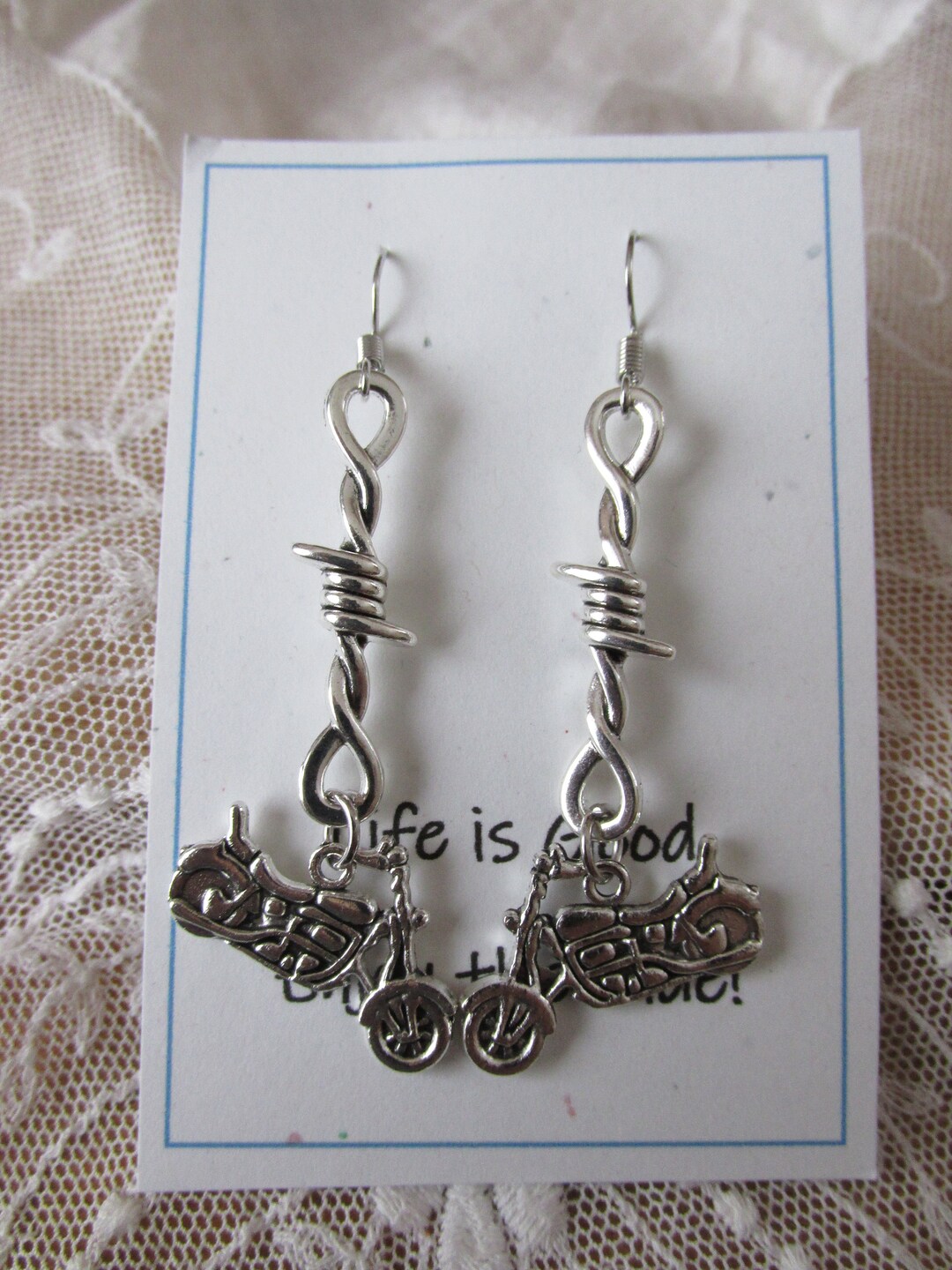 Barbed Wire & Motorcycle Charm Dangle Earrings on Life is Good, Enjoy ...