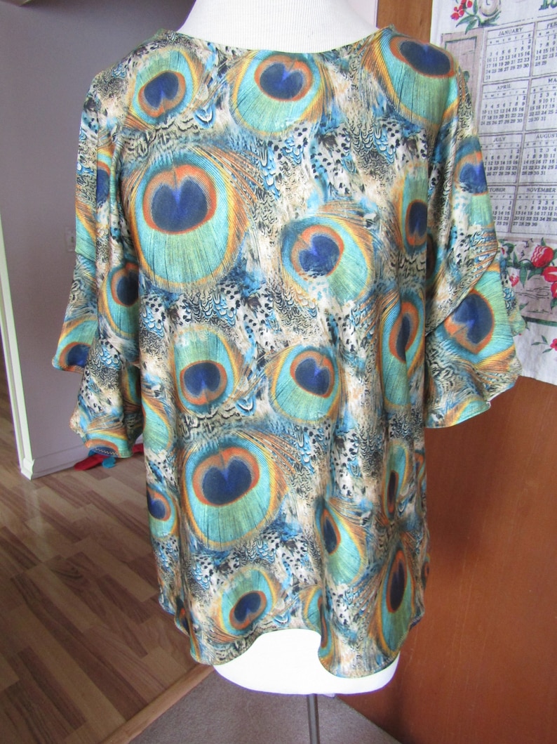 Handsewn Ladies Peacock Feather Stretch Ruffle Sleeve Top With Matching ...