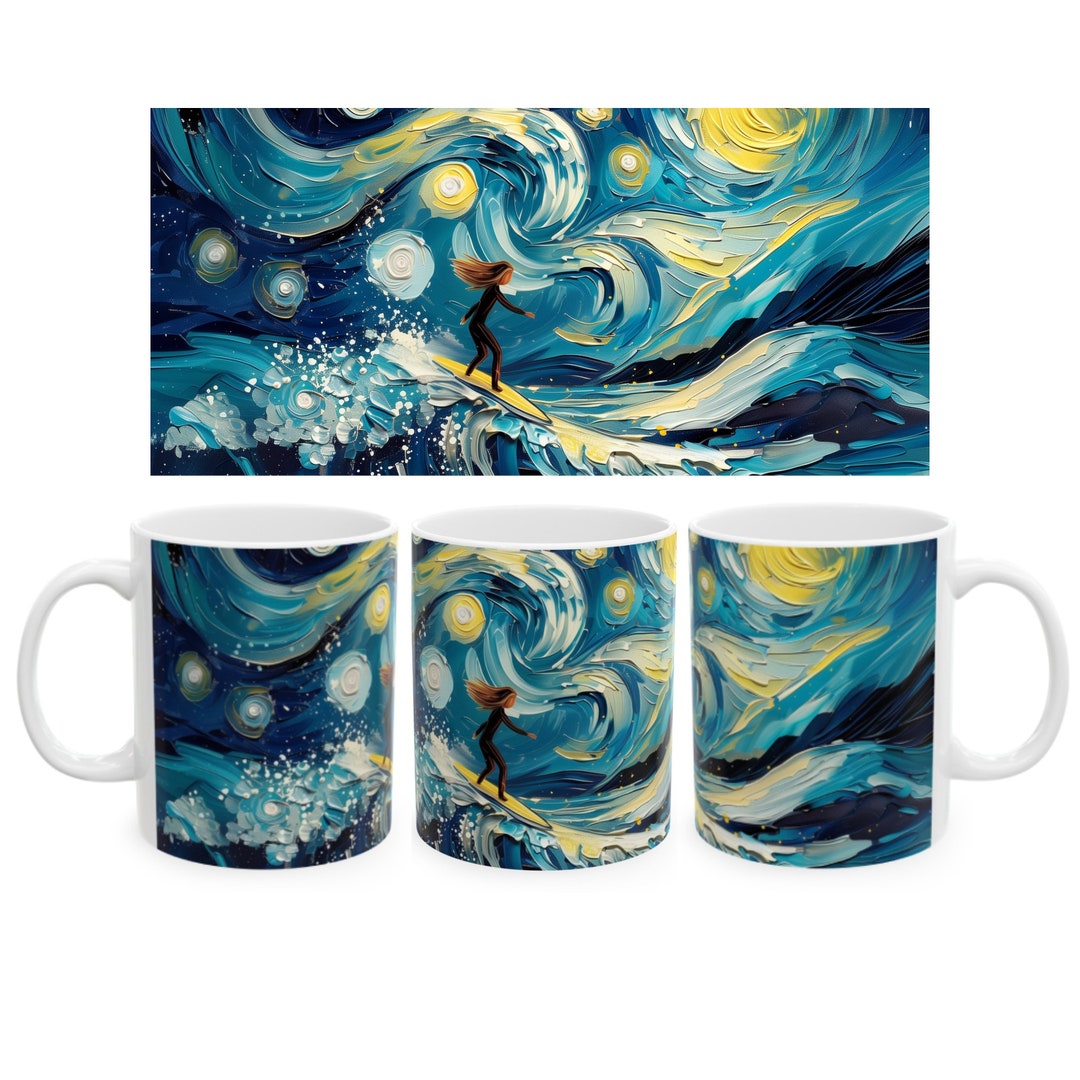 Starry Night Surfer Mug Van Gogh Art Gift for Surfer Girls Mug Design ...