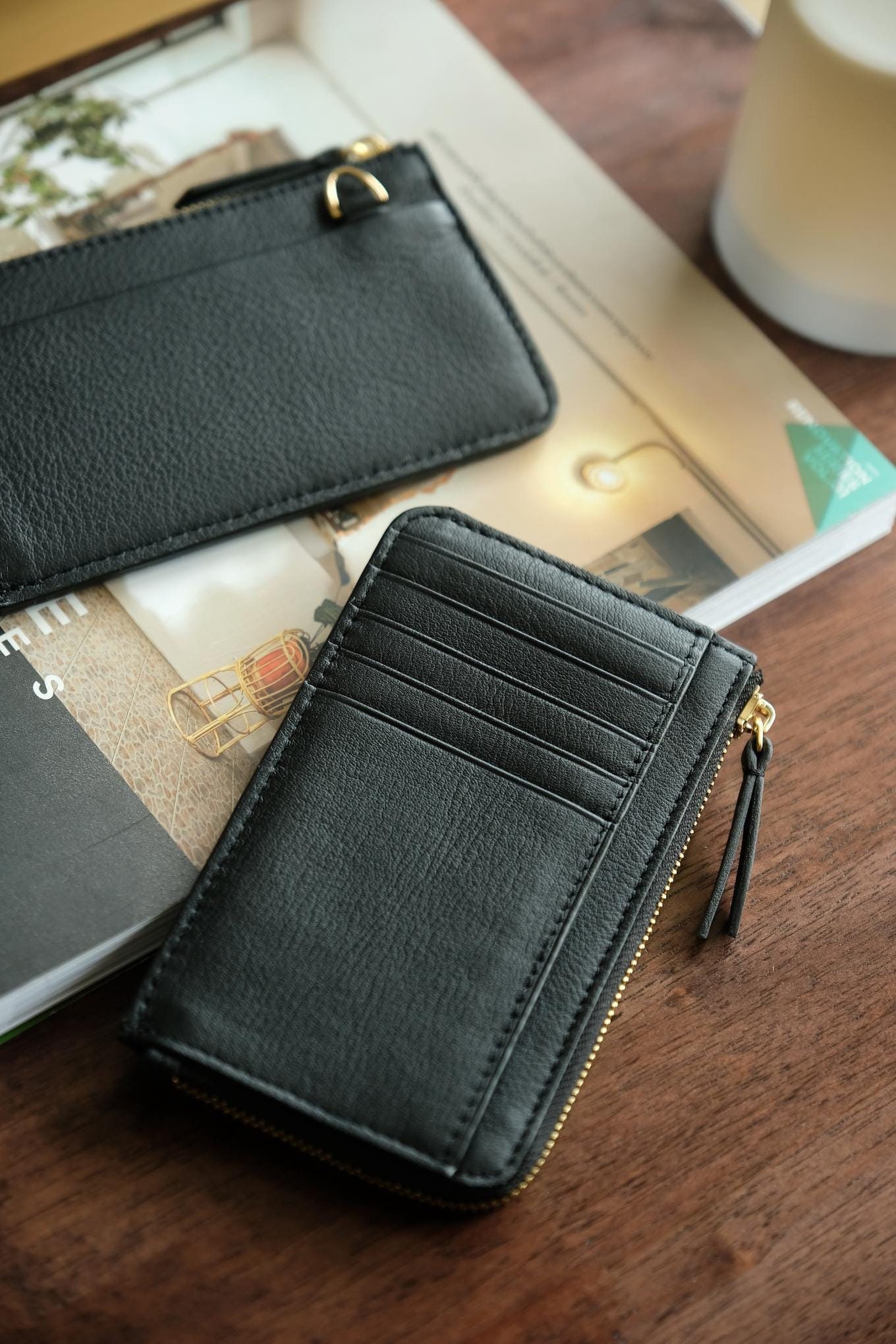 Personalized Black Leather Zip Card Wallet, Slim Minimalist Zipper ...