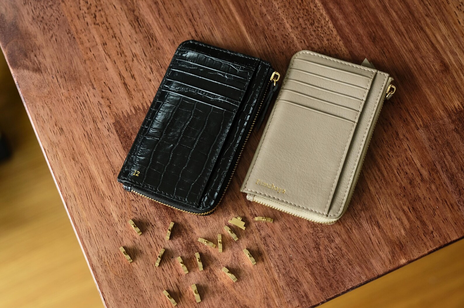 Personalized Beige Leather Zip Card Holder Wallet, Card Holder, Compact ...