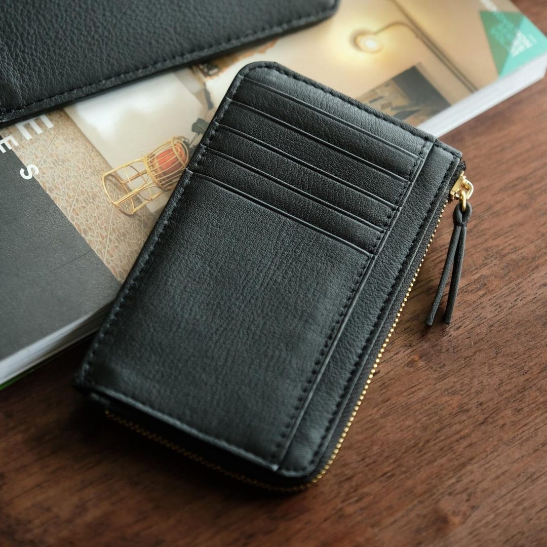 Personalized Black Leather Zip Card Holder Wallet, Card Holder, Compact ...