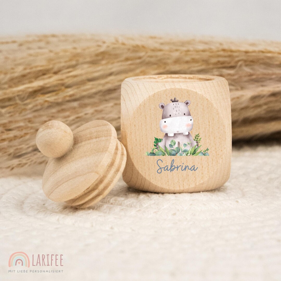 Wooden Tooth Box, Personalized Milk Tooth Box With Name & Hippopotamus ...