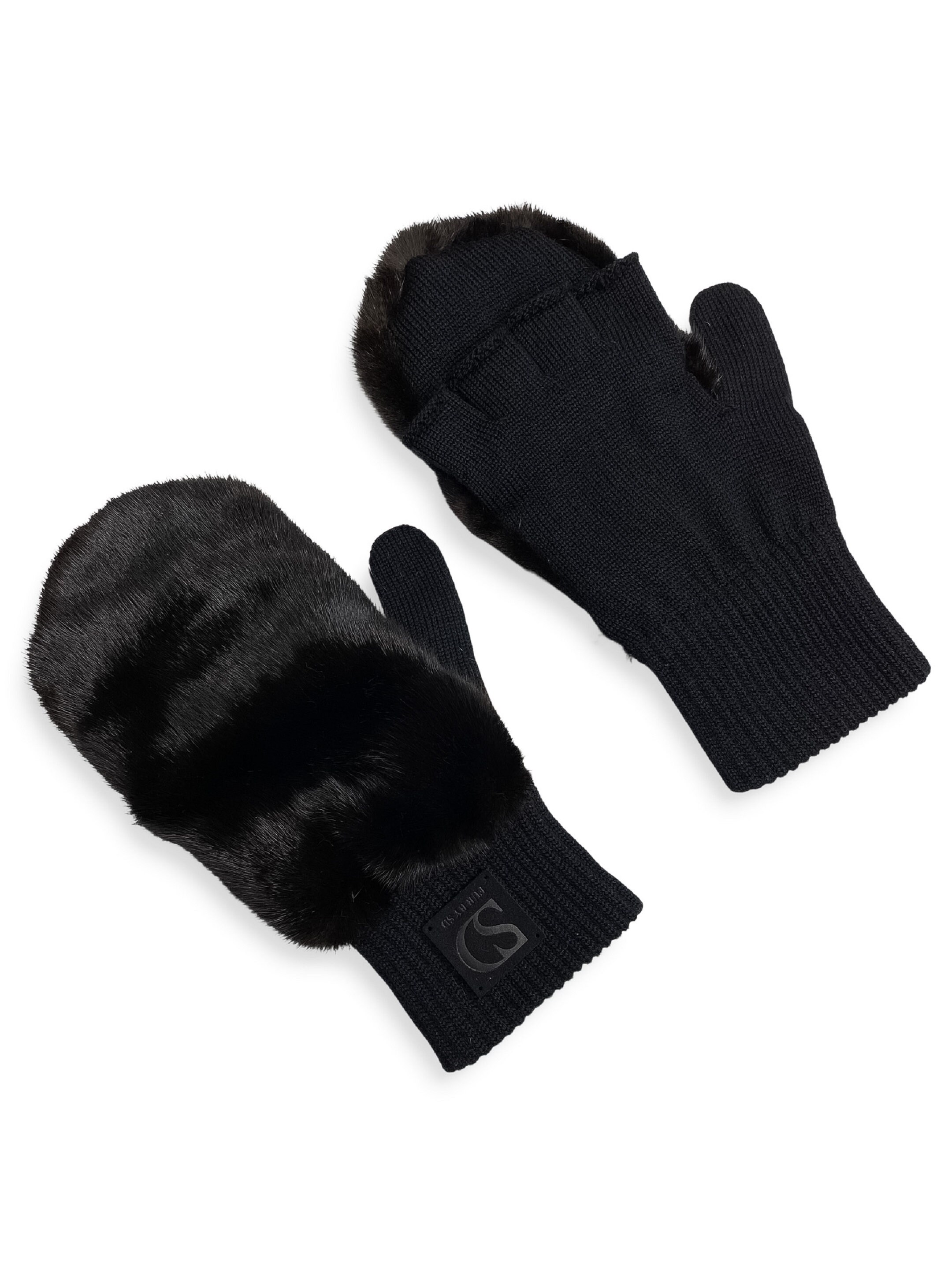 Black Flip Top Mittens With Mink Fur,fingerless Wool Mittens for Women ...