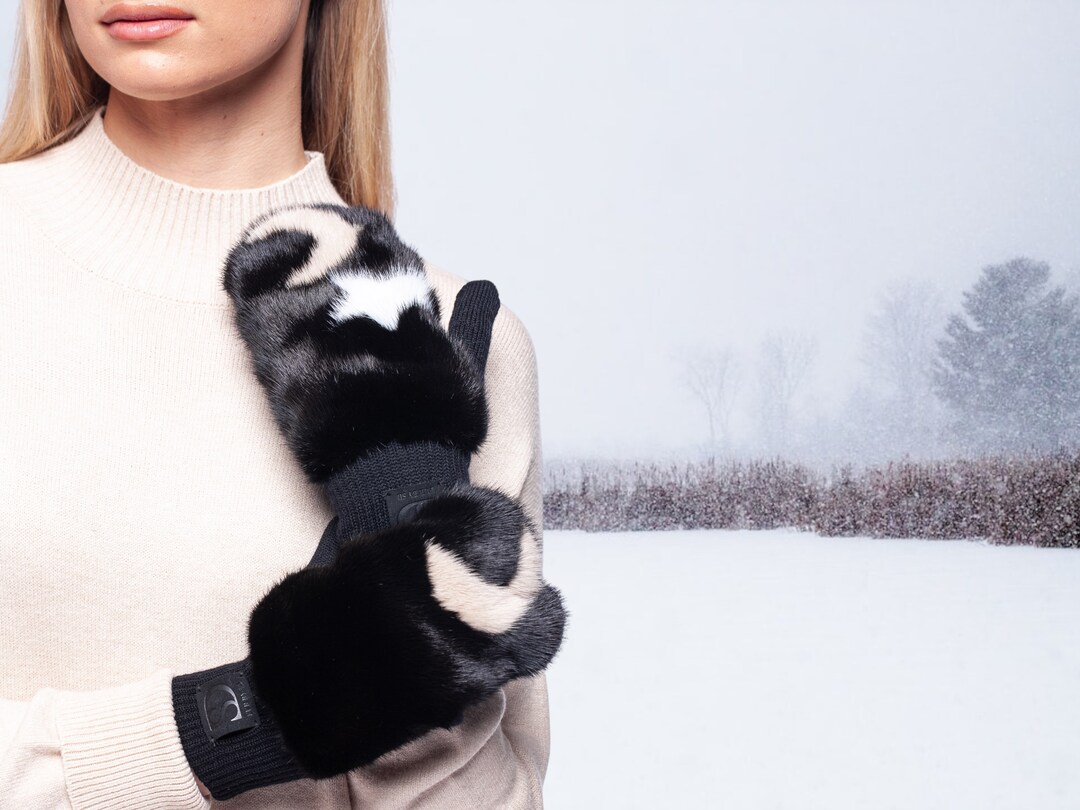 Womens Black Wool Flip Top Mittens With Mink Fur,merino Wool and Mink ...