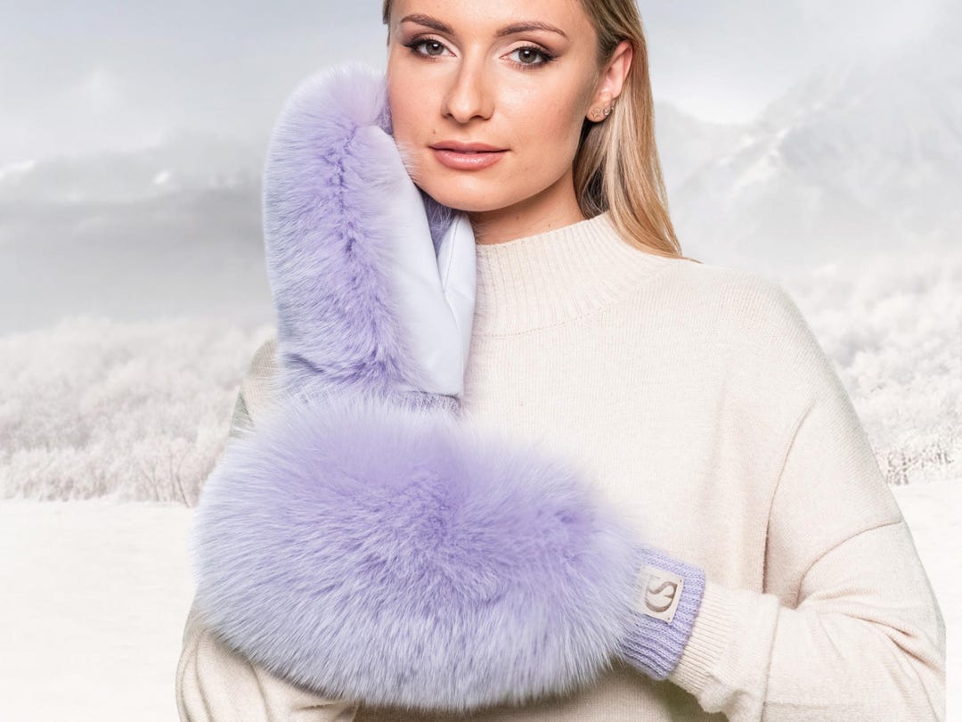 Purple Fox Fur Mittens, Real Fur and Leather Winter Gloves, Fluffy Fox ...