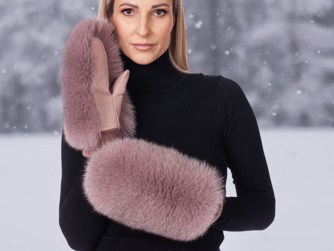 Pink Real Fox Fur Mittens,plush Fluffy Gloves With Real Fur and Leather ...