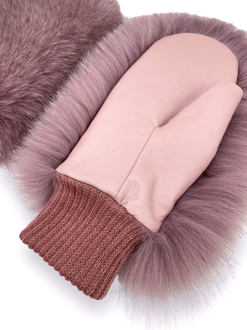 Pink Real Fox Fur Mittens,plush Fluffy Gloves With Real Fur and Leather ...