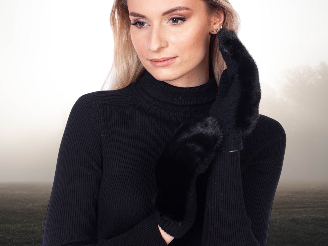 Black Flip Top Mittens With Mink Fur,fingerless Wool Mittens for Women ...
