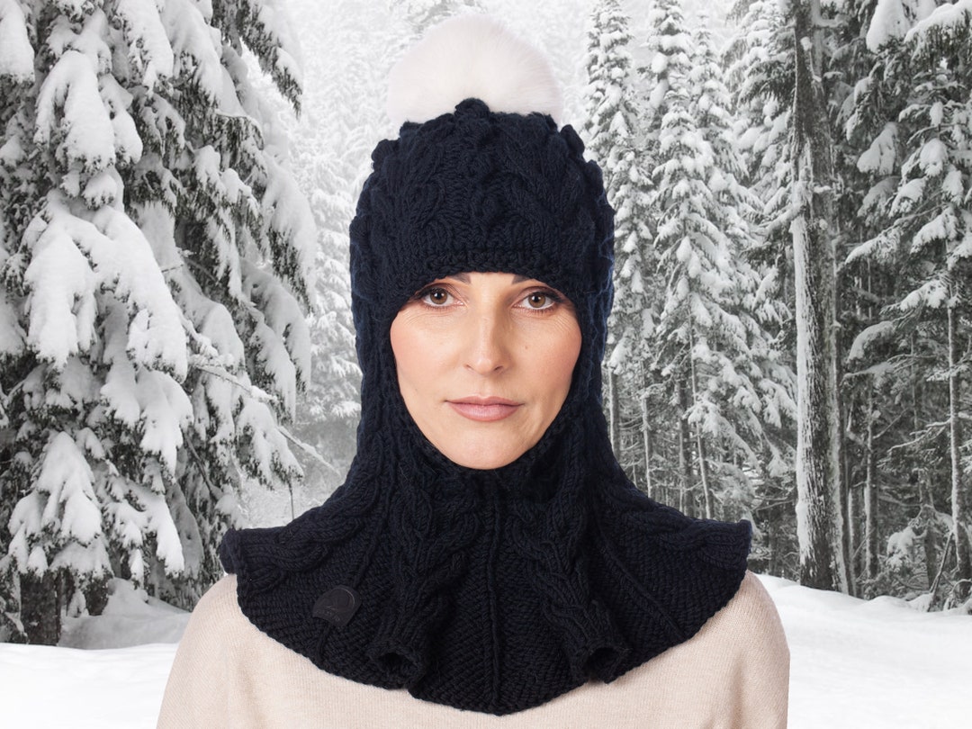 Black Wool Balaclava With White Fox Fur Pom Pom,chunky Knit Merino Wool ...