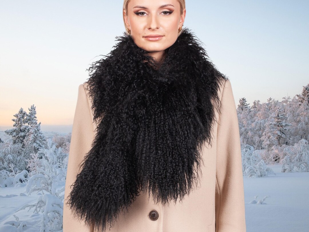 Black Mongolian Lamb Fur Scarf,luxury Handmade Curly Sheepskin Wrap for ...