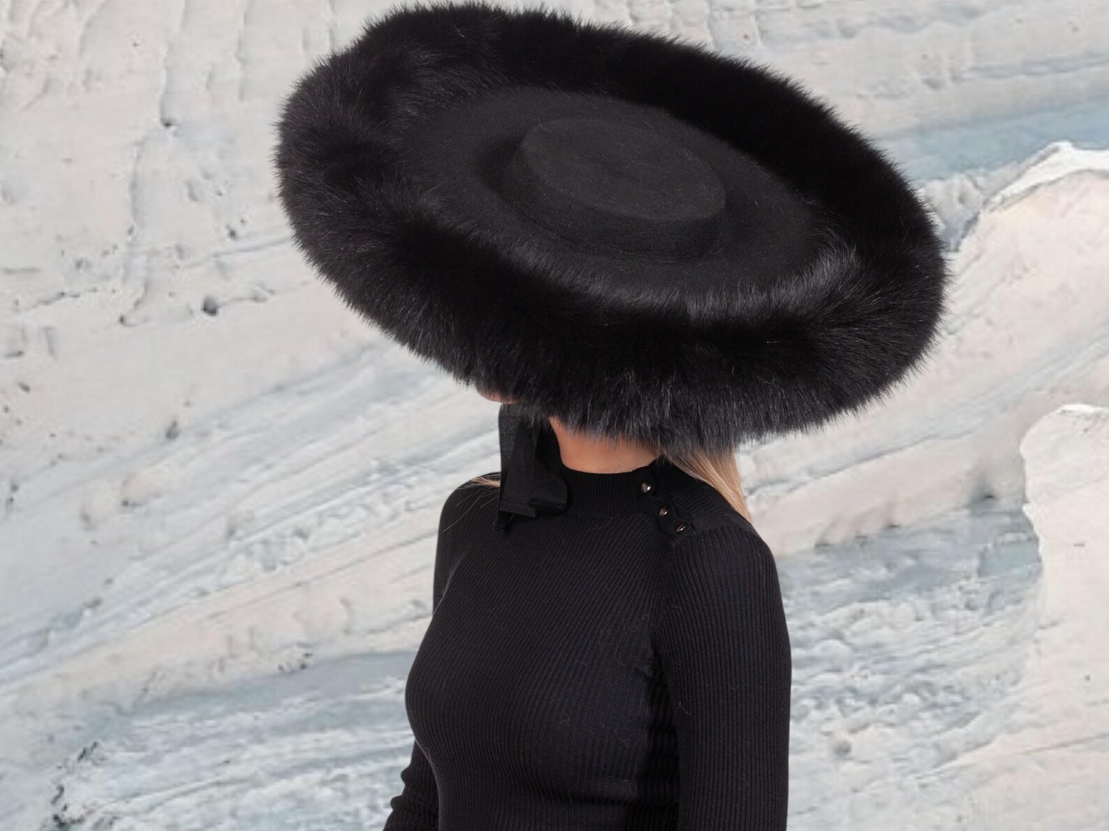 Black Fox Fur Trim Wide Brim Fedora Wool Hat, Formal Black Fedora Cap ...
