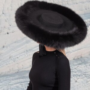 Black Fox Fur Trim Wide Brim Fedora Wool Hat, Formal Black Fedora Cap ...