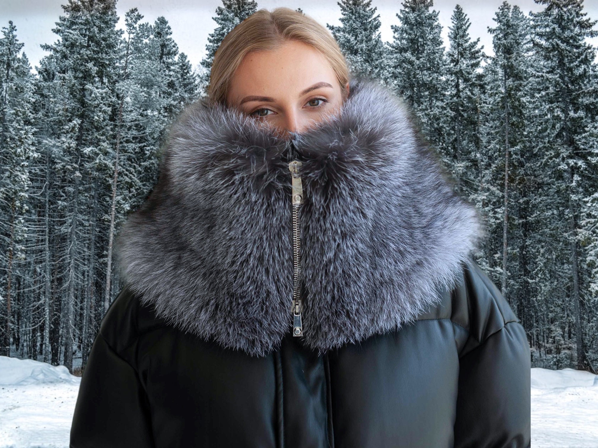 Large Silver Fox Fur Scarf,handmade Luxury Fur Collar With Two Way Zip,fluffy Neck Wrap for ...