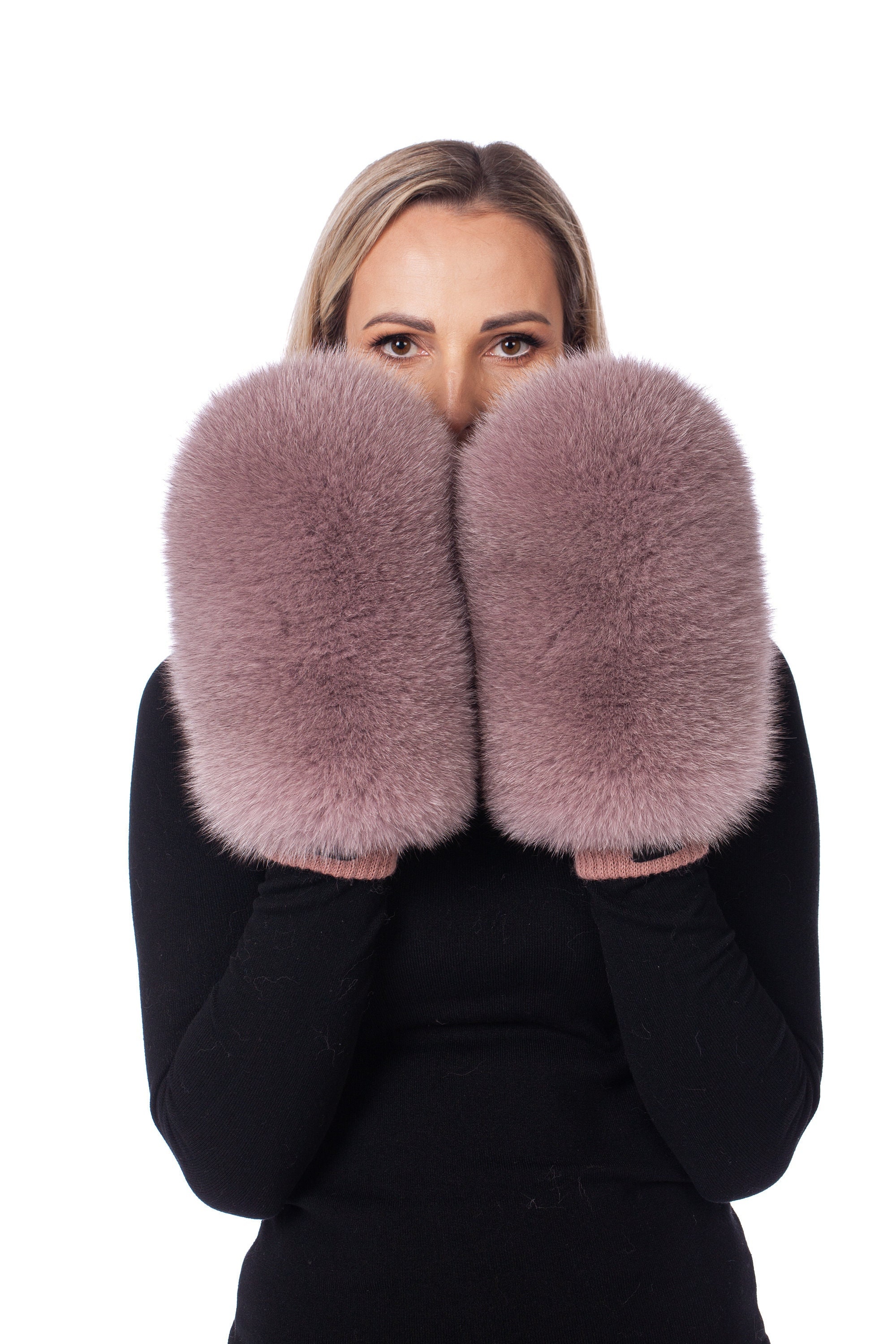 Pink Real Fox Fur Mittens,plush Fluffy Gloves With Real Fur and Leather ...