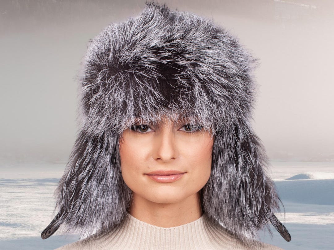 Silver Fox Fur Ushanka Hat,fox Fur Trapper Cap With Leather for Winter ...