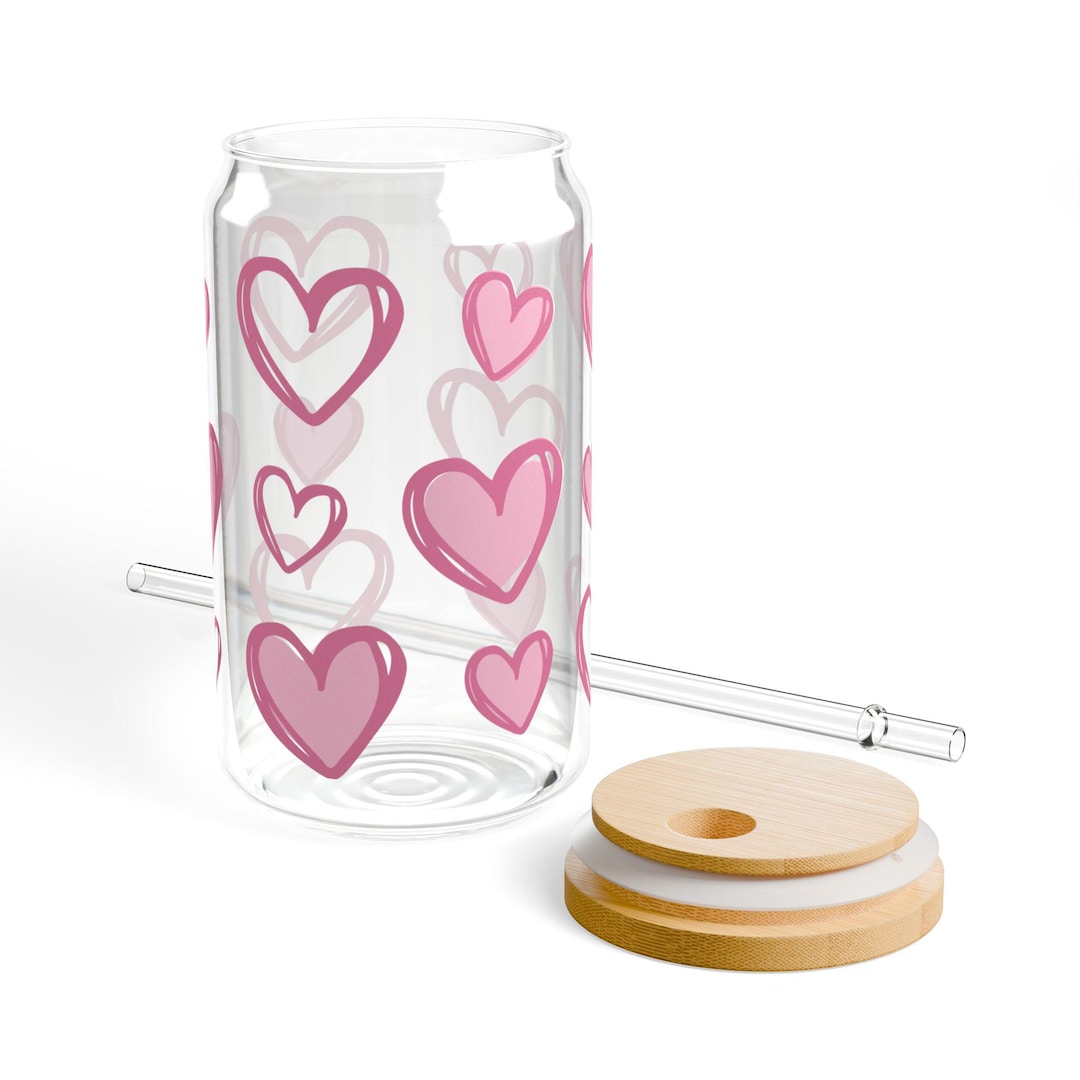 Valentine Heart 16oz Glass Sipper Cup; Stylish Pink Heart Design ...