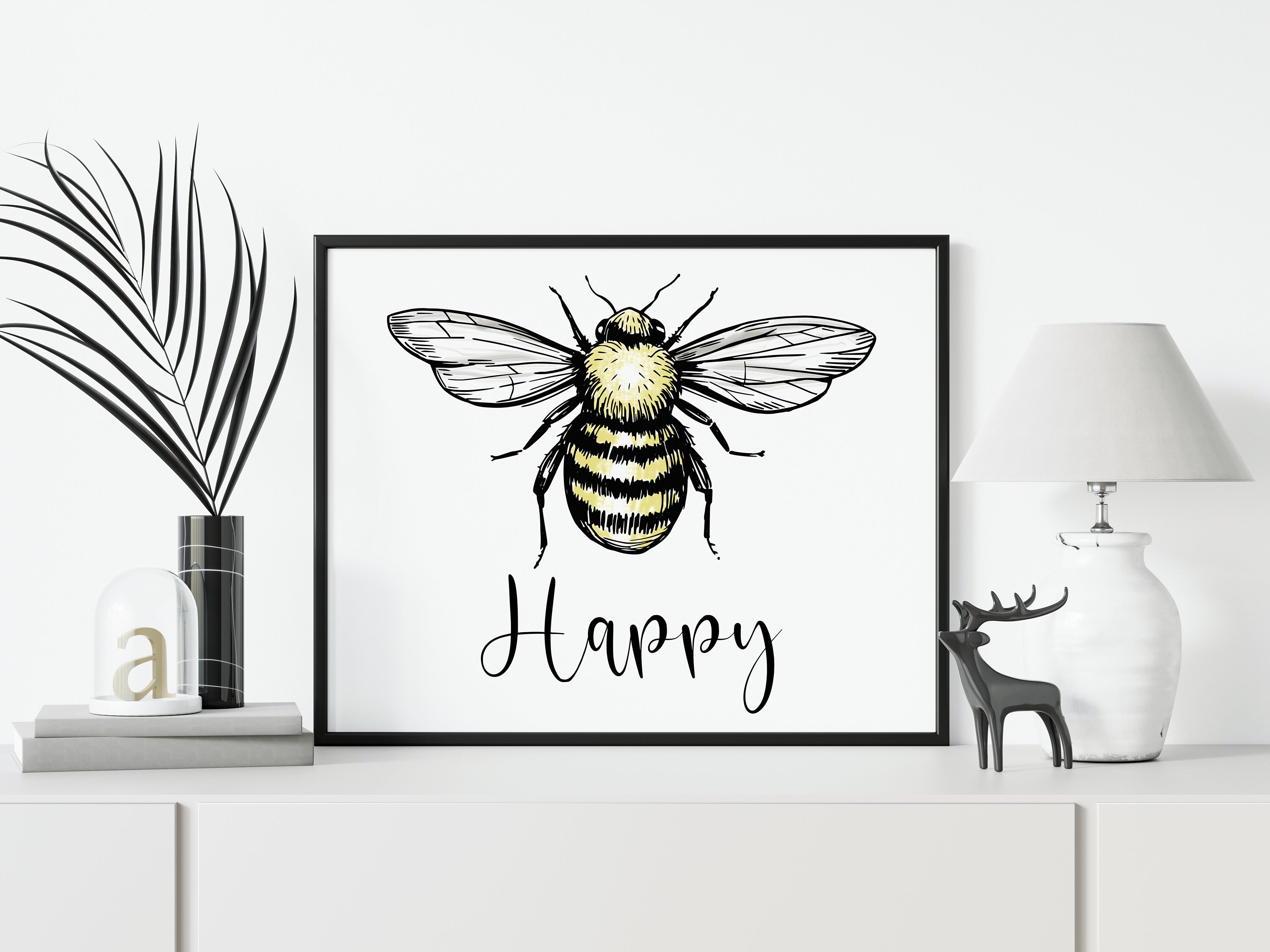 Bee Happy Poster Print, Yellow Black Wall Art in UK, Bumble Bee Gifts ...